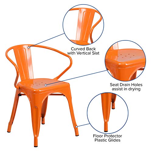 EMMA + OLIVER Commercial Grade Orange Metal Indoor-Outdoor Chair with Arms