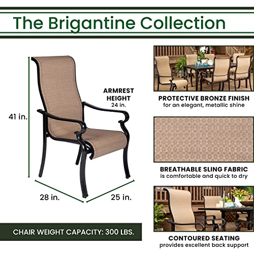 Hanover Brigatine 7-Piece Modern Patio Dining Set with 6 Quick-Dry Tan Sling Chairs and 40"x70" Square Cast-Top Table, All-Weather Outdoor Furniture Set for Backyard and Deck