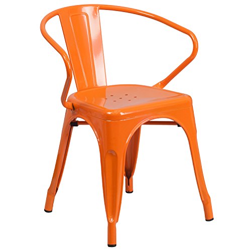 EMMA + OLIVER Commercial Grade Orange Metal Indoor-Outdoor Chair with Arms