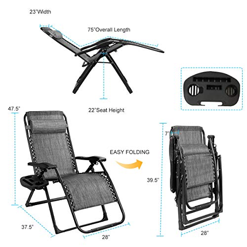Goplus Zero Gravity Chairs, X-Large Outdoor Lounge Lawn Chair with Cup Holder & Detachable Headrest, Adjustable Folding Patio Recliner for Pool Porch Deck Oversize (Gray)