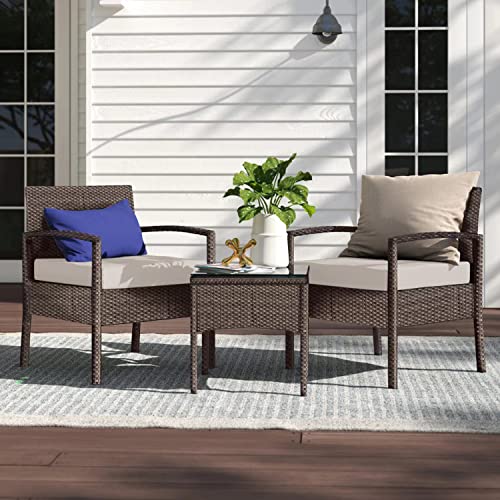 BELLEZE 3 Piece Patio Set, Patio Furniture Set with Tempered Coffee Table and Wicker Chairs, Balcony Furniture Outdoor Patio Set with Removable Cushions for Garden Balcony Backyard Poolside - Brown