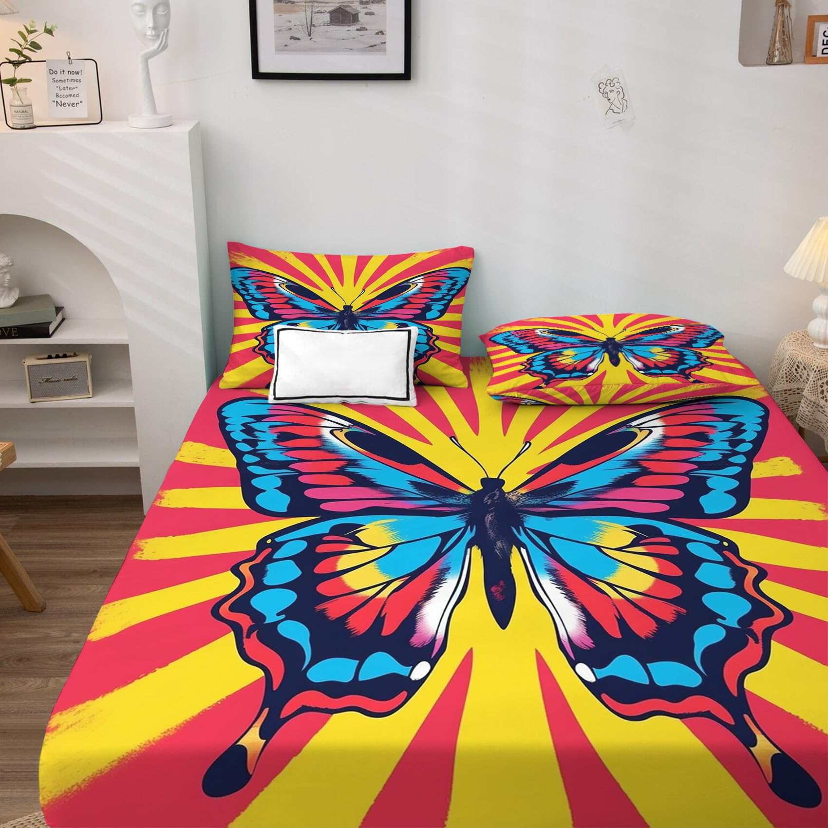 Butterfly Sheets Full Size, Vintage Rainbow Bed Sheets, Patterned Bedding Sheets & Pillowcases 4 Piece Set - Soft Microfiber Deep Pocket Fitted Sheet & Flat Sheet & 2 Pillow Cases Z9-&-162
