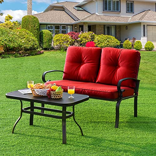 Tangkula Patio Loveseat with Table Set, 2 Seat Cushioned Sofa with Coffee Table, Patio Conversation Sofa Set with Rustproof Frame, 2 Pieces Outdoor Furniture Set for Garden, Poolside, Balcony (Red)