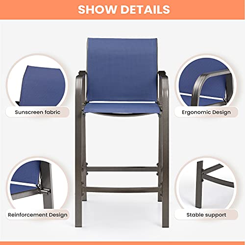 Pellebant Aluminum Outdoor Bar Stool Set of 2, Patio Counter Height Stools & Bar Chairs All-Weather for Backyard, Pool, Garden, Deck,Brown Frame, 27.5'' Seat Height,270 lb Capacity-Navy Blue