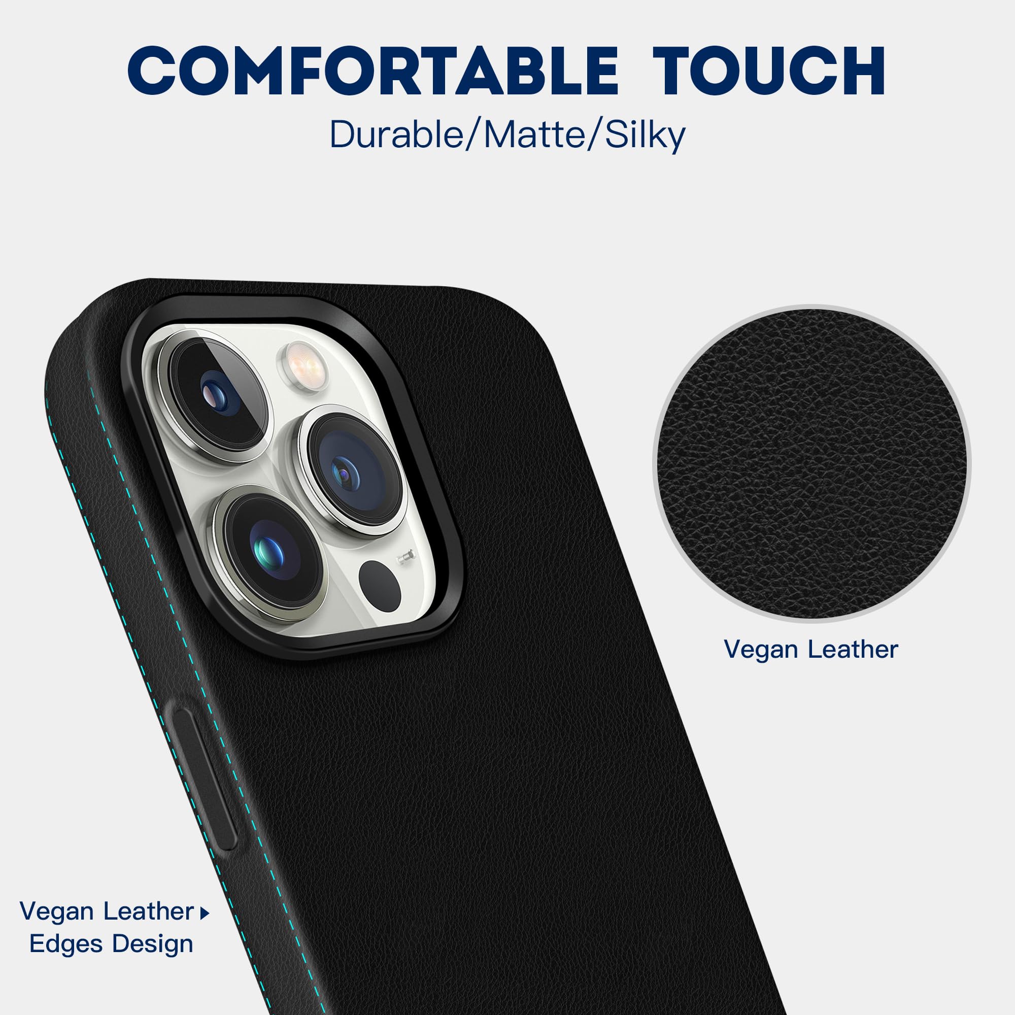 kingflag Vegan Leather Magnetic Case for iPhone 15 Pro Max Wireless Charging, Compatible with MagSafe, Metal Buttons, Shockproof Protective Phone Case Cover for Women Men 6.7" (Matte Black)