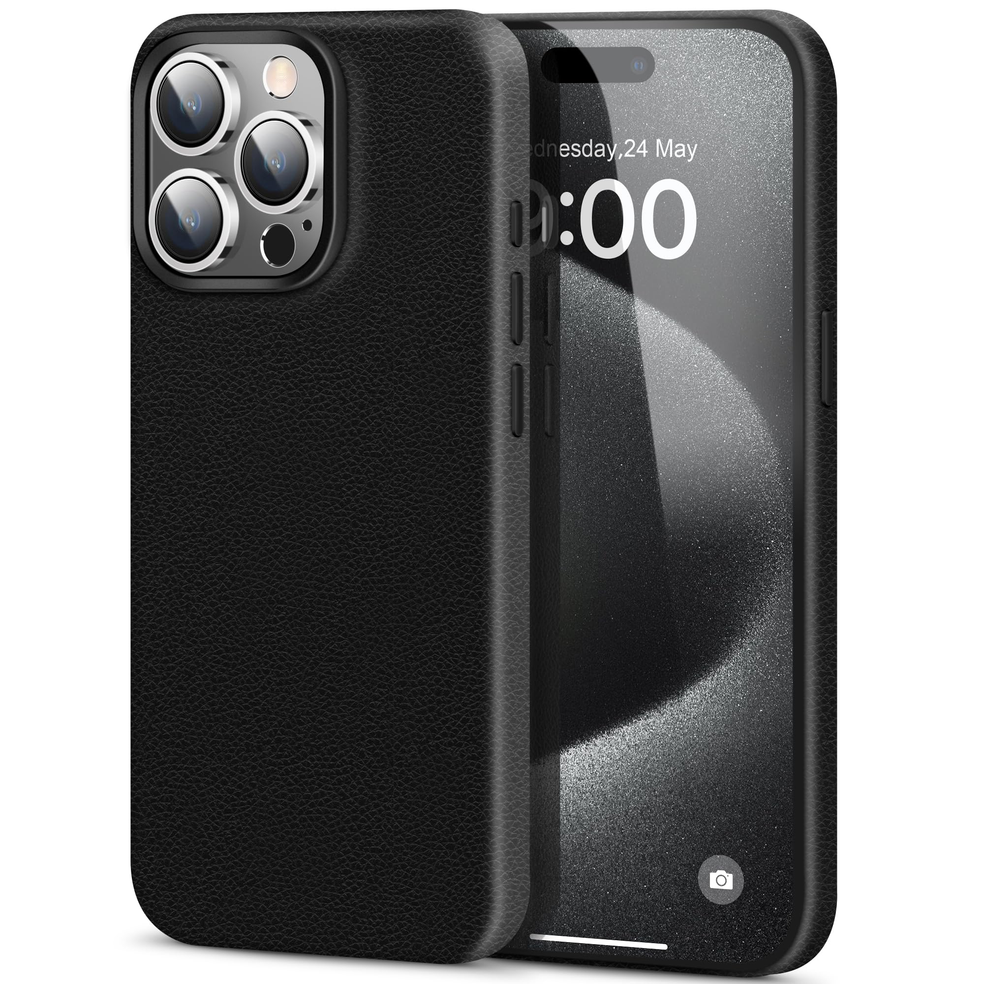 kingflag Vegan Leather Magnetic Case for iPhone 15 Pro Max Wireless Charging, Compatible with MagSafe, Metal Buttons, Shockproof Protective Phone Case Cover for Women Men 6.7" (Matte Black)