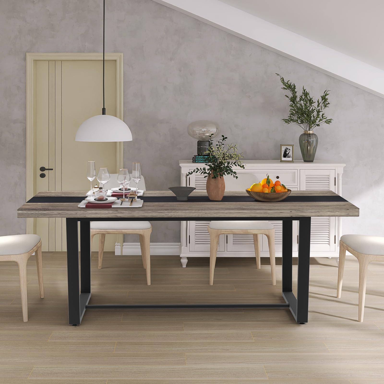 STHOUYN 71" 6ft Large Dinner Table for 6 8 Seat Dining Room Table, Rectangular Farmhouse Modern Kitchen Long Black & Grey Industrial Conference (Grey)