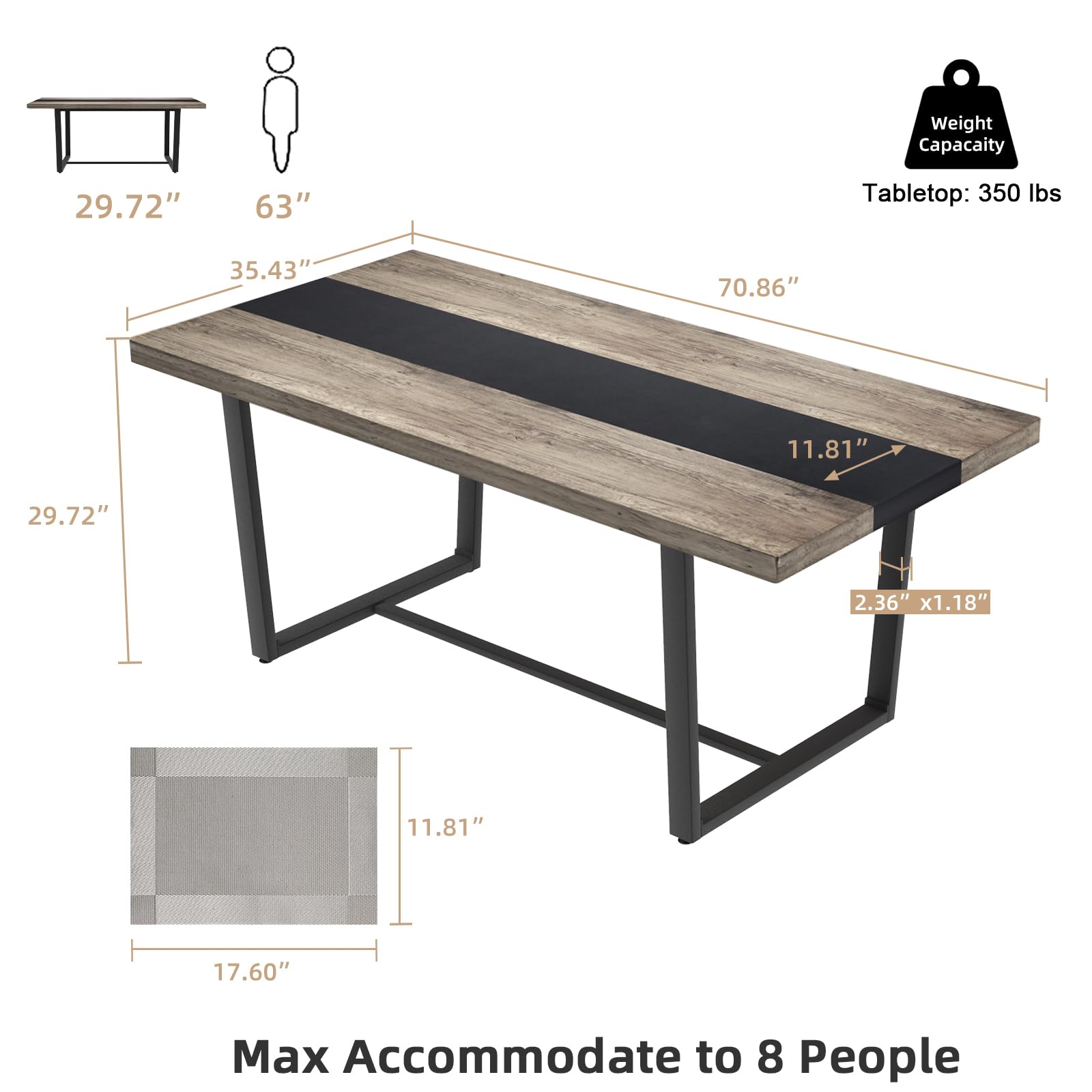 STHOUYN 71" 6ft Large Dinner Table for 6 8 Seat Dining Room Table, Rectangular Farmhouse Modern Kitchen Long Black & Grey Industrial Conference (Grey)