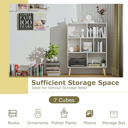 DIFY Wooden Bookcase 7 Cube Open Bookcase with Legs, Display Bookshelves Storage Organizer Shelf for Living Room, Home Office and Bedroom, White