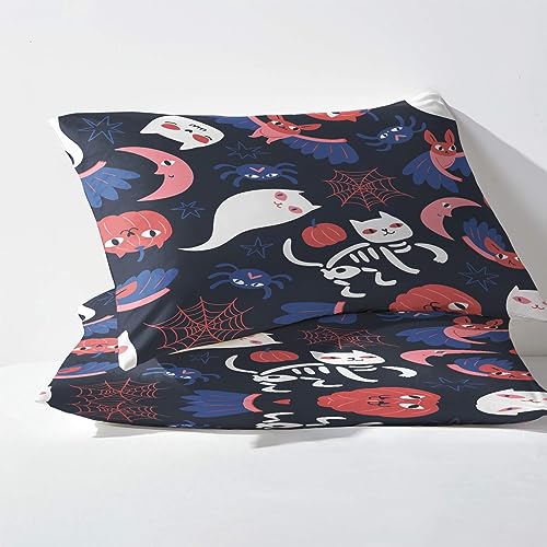Halloween Sheets Full Size, Ghost Spider Web Cat Bed Sheets, Patterned Bedding Sheets & Pillowcases 4 Piece Set - Soft Microfiber Deep Pocket Fitted Sheet & Flat Sheet & 2 Pillow Cases M9-&-83