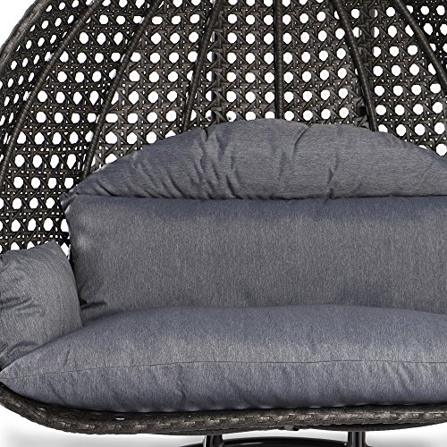 LeisureMod Wicker Hanging 2 Person Egg Swing Chair with Outdoor Cover (Charcoal)
