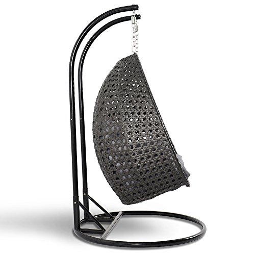 LeisureMod Wicker Hanging 2 Person Egg Swing Chair with Outdoor Cover (Charcoal)