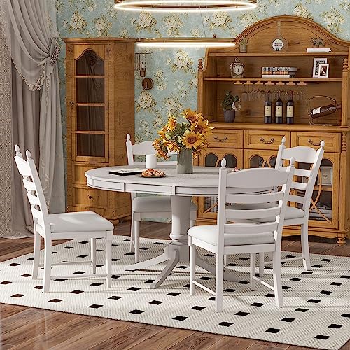 ERYE 5 Pieces Functional Furniture, Retro Style Set Round Extendable Table and 4 Upholstered Chairs for Dining Room & Kitchen Living Space, Brown, Antique White