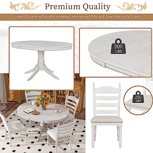 ERYE 5 Pieces Functional Furniture, Retro Style Set Round Extendable Table and 4 Upholstered Chairs for Dining Room & Kitchen Living Space, Brown, Antique White