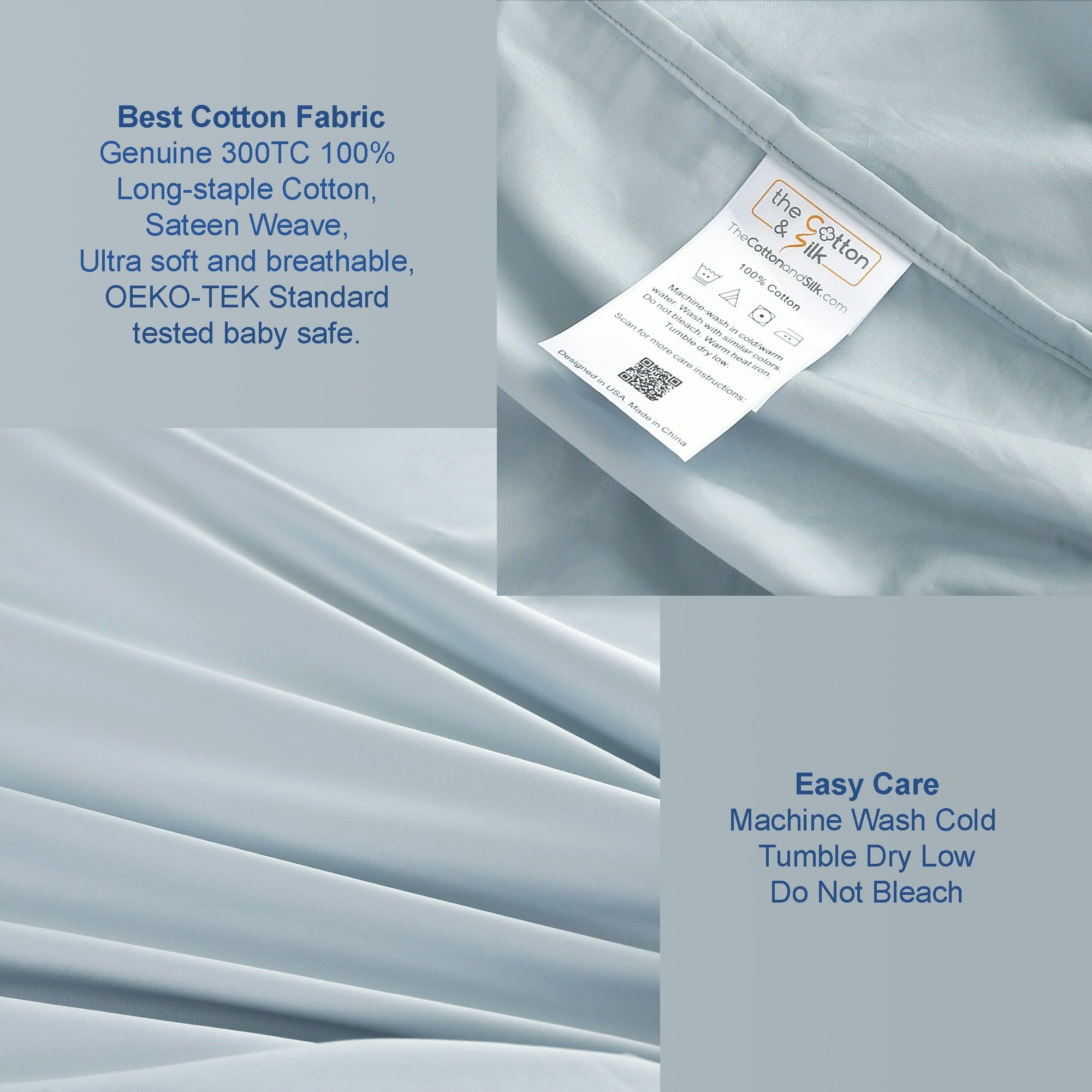 The Cotton & Silk 100% Luxury Long-Staple Cotton Fitted Sheet – 5-Star Hotel Quality Bed Sheet, Soft, Breathable & Durable – Full/Double (54 x 75 + 16"), Misty Blue, 300TC, Deep Pocket with Elastic