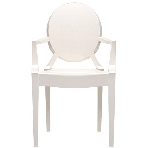 2xhome White - Modern Contemporary Louis XIV Dining Chair Armchair Ghost Style Ghost Chair with Arms Ghost Arm Chair in White Stackable Stacking Made From Polycarbonate
