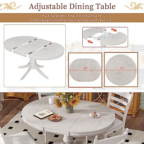 ERYE 5 Pieces Functional Furniture, Retro Style Set Round Extendable Table and 4 Upholstered Chairs for Dining Room & Kitchen Living Space, Brown, Antique White