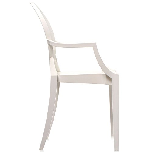 2xhome White - Modern Contemporary Louis XIV Dining Chair Armchair Ghost Style Ghost Chair with Arms Ghost Arm Chair in White Stackable Stacking Made From Polycarbonate