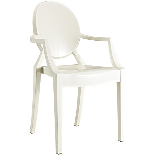 2xhome White - Modern Contemporary Louis XIV Dining Chair Armchair Ghost Style Ghost Chair with Arms Ghost Arm Chair in White Stackable Stacking Made From Polycarbonate