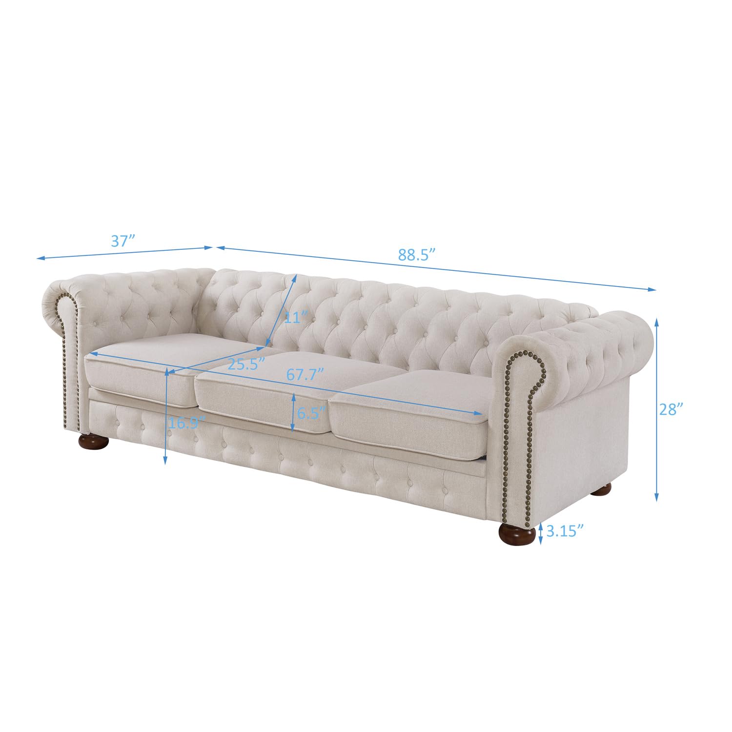 Harper & Bright Designs 3-Seat Chesterfield Sofa with Button Tufted, Nailhead Trim and Solid Wood Legs, Classical Linen Fabric Couch for Living Room, Office, Beige