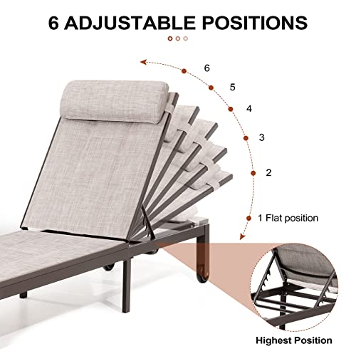 Crestlive Products Aluminum Patio Chaise Lounge Chair Five-Position Adjustable Outdoor Recliner with Headrest and Wheels All Weather for Patio, Beach, Yard, Pool (2 PCS Beige)