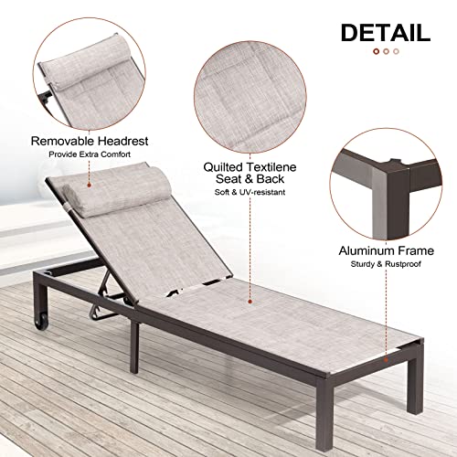 Crestlive Products Aluminum Patio Chaise Lounge Chair Five-Position Adjustable Outdoor Recliner with Headrest and Wheels All Weather for Patio, Beach, Yard, Pool (2 PCS Beige)