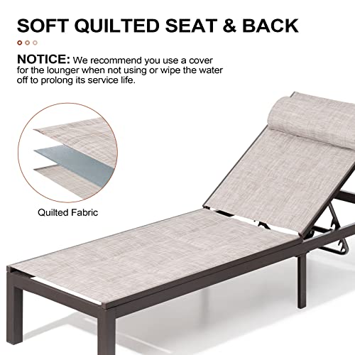 Crestlive Products Aluminum Patio Chaise Lounge Chair Five-Position Adjustable Outdoor Recliner with Headrest and Wheels All Weather for Patio, Beach, Yard, Pool (2 PCS Beige)