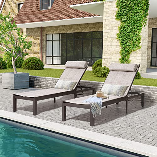 Crestlive Products Aluminum Patio Chaise Lounge Chair Five-Position Adjustable Outdoor Recliner with Headrest and Wheels All Weather for Patio, Beach, Yard, Pool (2 PCS Beige)