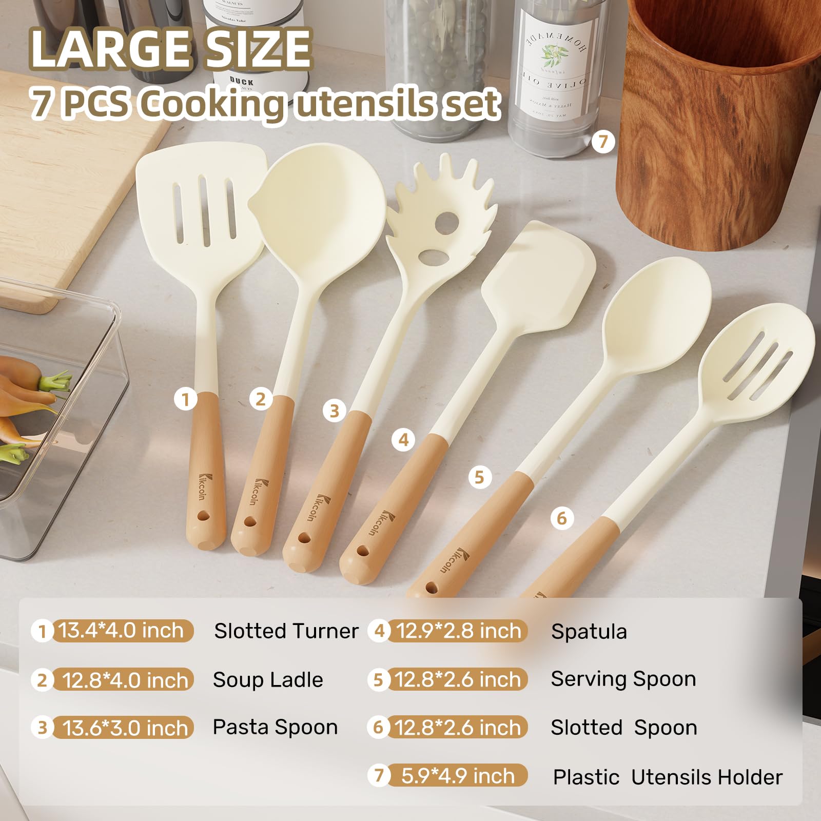 Kikcoin Large Kitchen Utensils Set - 7 PCS Silicone Cooking Utensils Set Heat-resistant 446 °F, Wooden Handle with Plastic Utensil Holder, BPA Free Spatula Ladle Spoons for Non-stick Cookware, Beige
