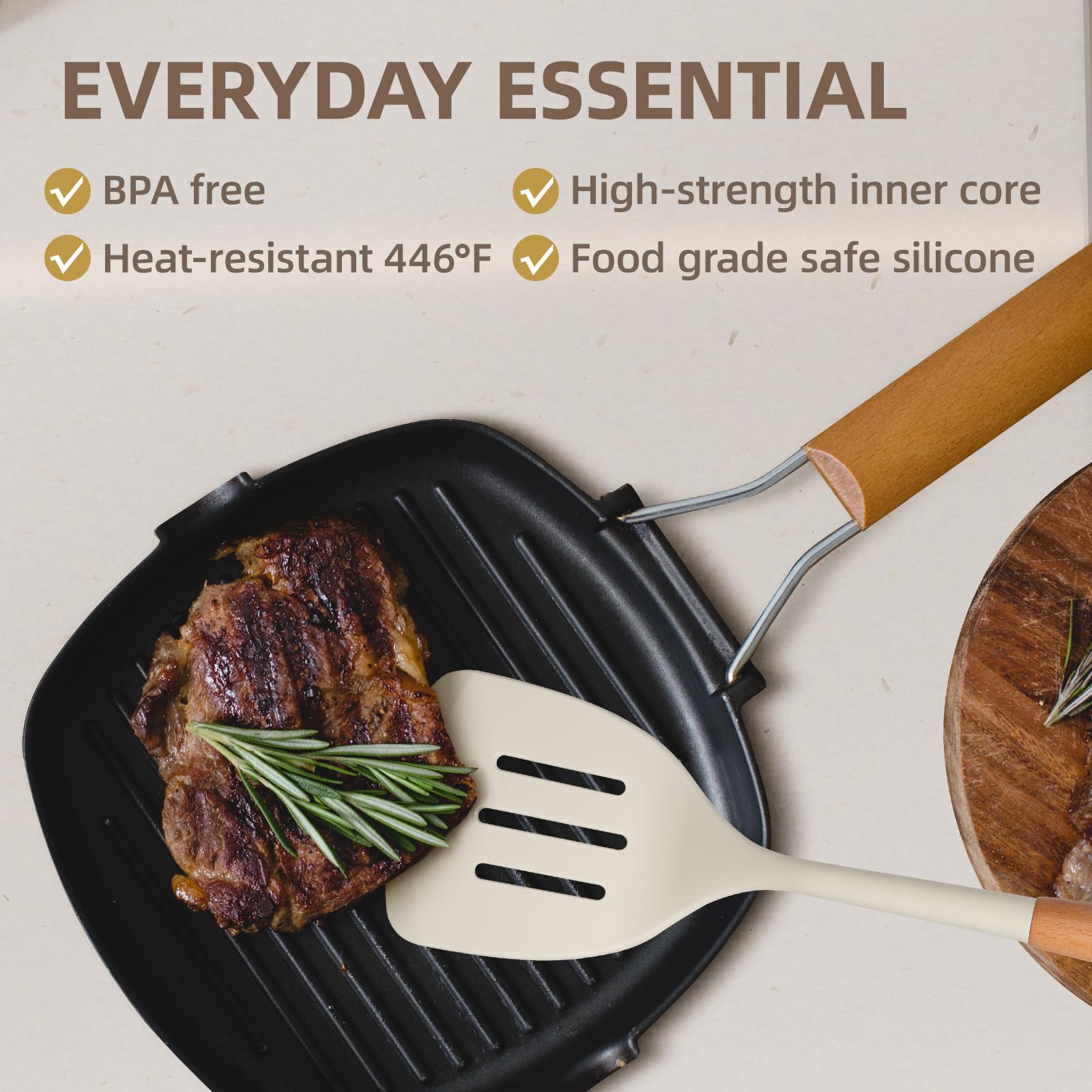 Kikcoin Large Kitchen Utensils Set - 7 PCS Silicone Cooking Utensils Set Heat-resistant 446 °F, Wooden Handle with Plastic Utensil Holder, BPA Free Spatula Ladle Spoons for Non-stick Cookware, Beige