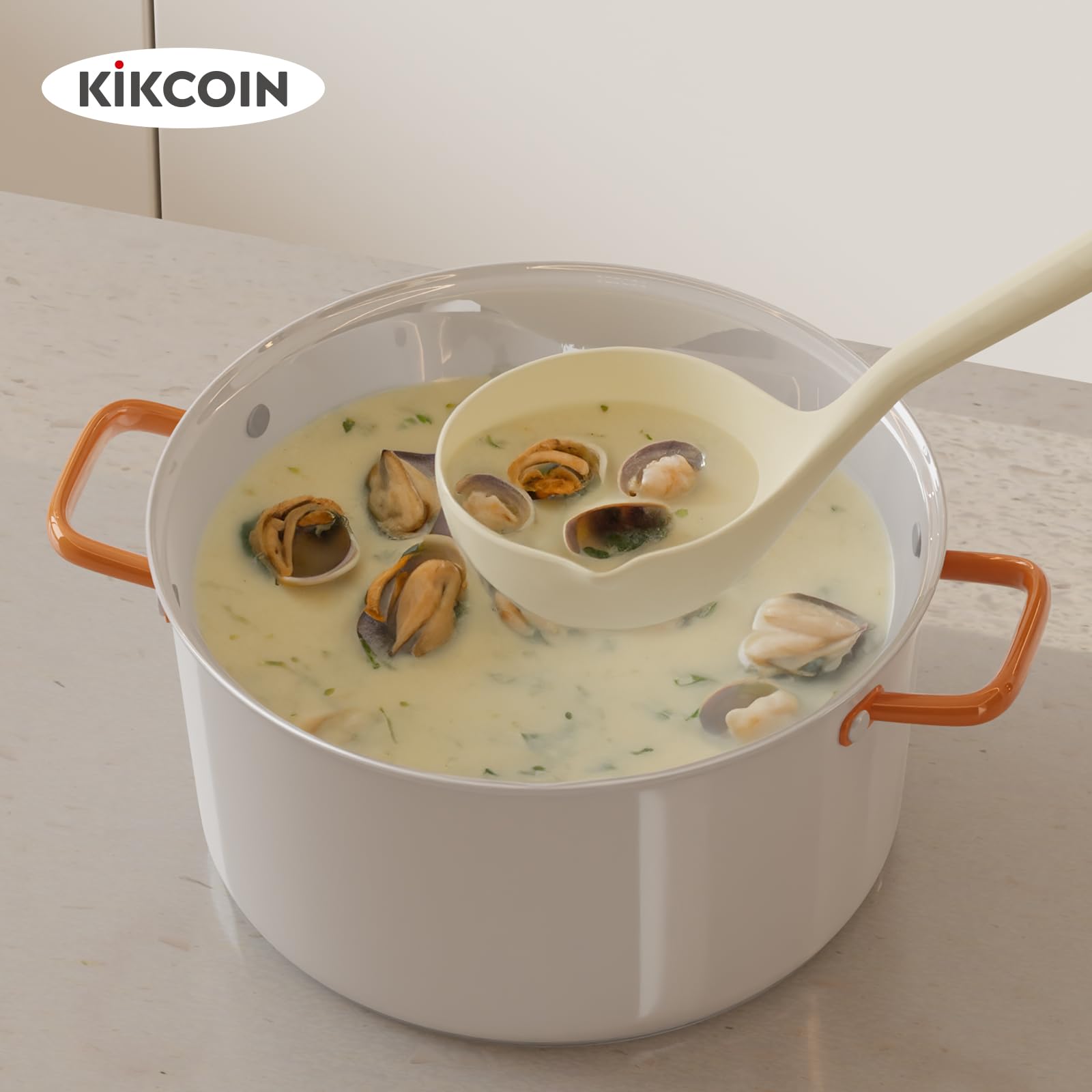 Kikcoin Large Kitchen Utensils Set - 7 PCS Silicone Cooking Utensils Set Heat-resistant 446 °F, Wooden Handle with Plastic Utensil Holder, BPA Free Spatula Ladle Spoons for Non-stick Cookware, Beige