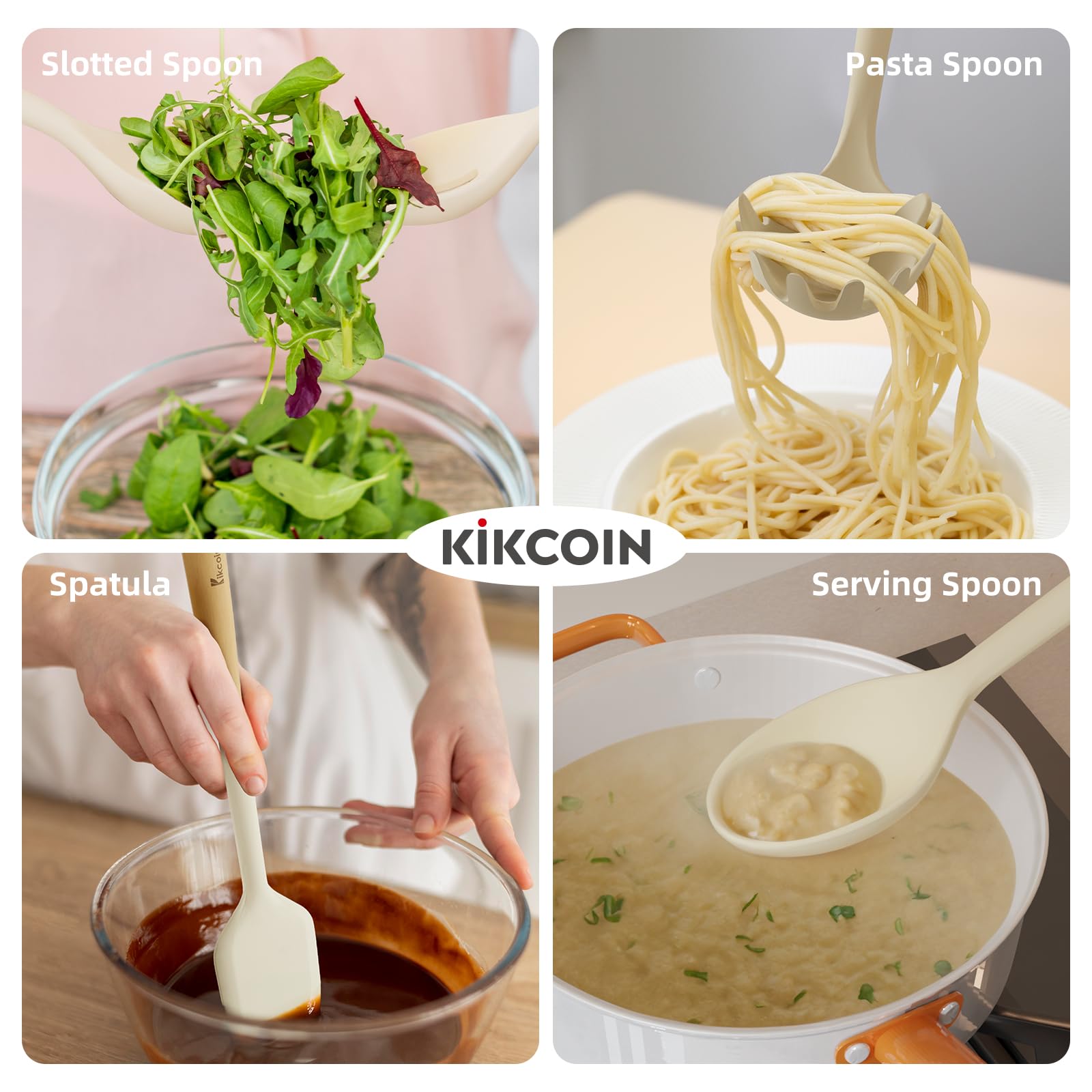 Kikcoin Large Kitchen Utensils Set - 7 PCS Silicone Cooking Utensils Set Heat-resistant 446 °F, Wooden Handle with Plastic Utensil Holder, BPA Free Spatula Ladle Spoons for Non-stick Cookware, Beige