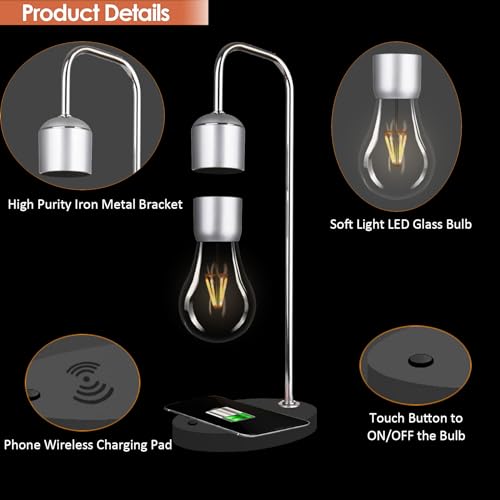 FloatGo Magnetic Levitating Lamp with Wireless Phone Charging Pad for iPhone Pro Max Floating Light Bulb LED Night Light Table Lamp Levitation Desk Lamp for Home Decoration Christmas Gift