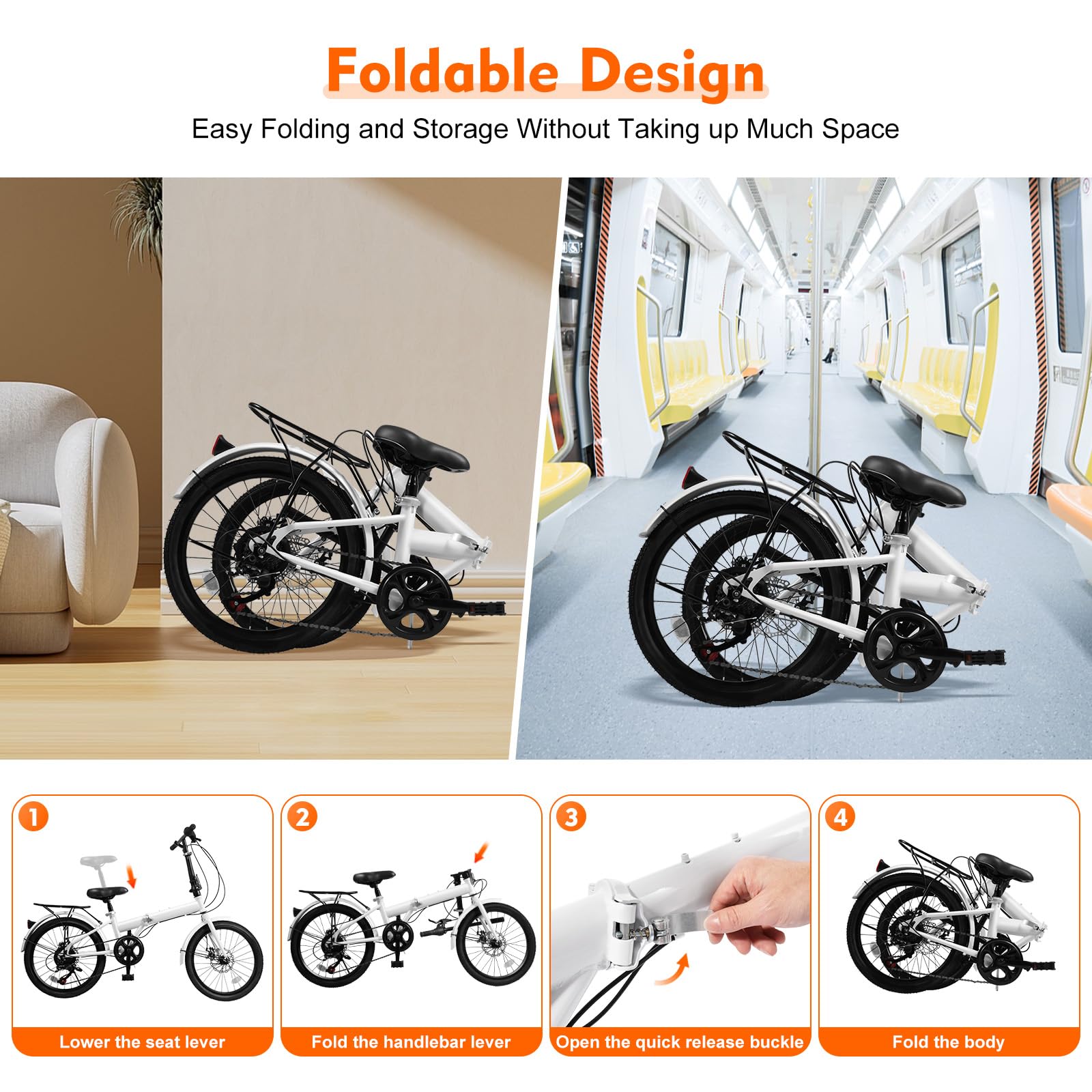 YIYIONCE 20inch Folding Bike 7 Speed Folding Bicycle City Carbon Steel Bicycle for Adults Foldable Bicycle with Adjustable Seats, Disc Brake & PU Foam for Exercising(Iron T-Shape) | US Stock