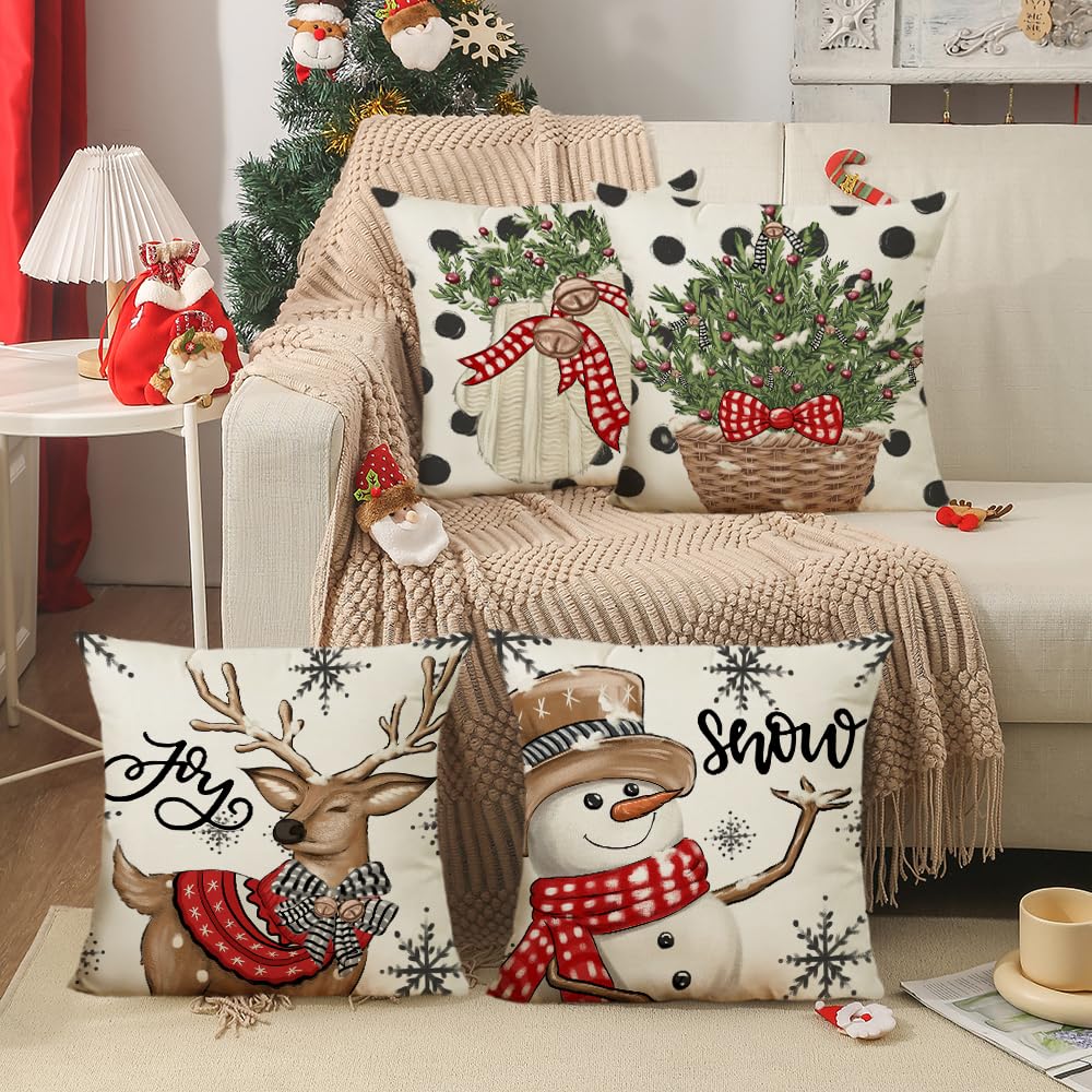 LITIVY Christmas Decor Pillow Covers Set of 4 Decorative Throw Pillowcase for Winter Xmas Holiday Home Decor for Sofa Couch (Christmas Tree Snowman Gloves Deer) (18"x18", Black)