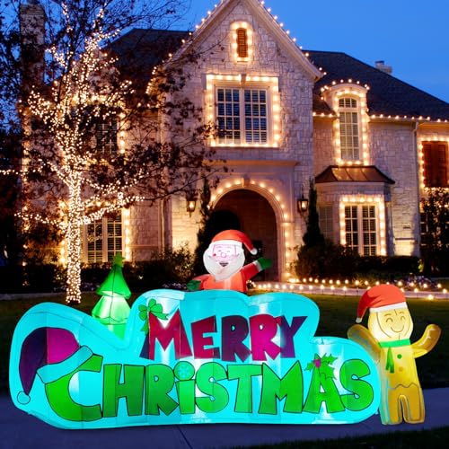 10 FT Christmas Inflatable Decoration - Merry Christmas Banner with Santa Gingerbread Man Tree, Blow Up Outdoor Yard Christmas Inflatables with 8 LED Lights for Party Holiday Lawn Winter Decor(1 Pack)