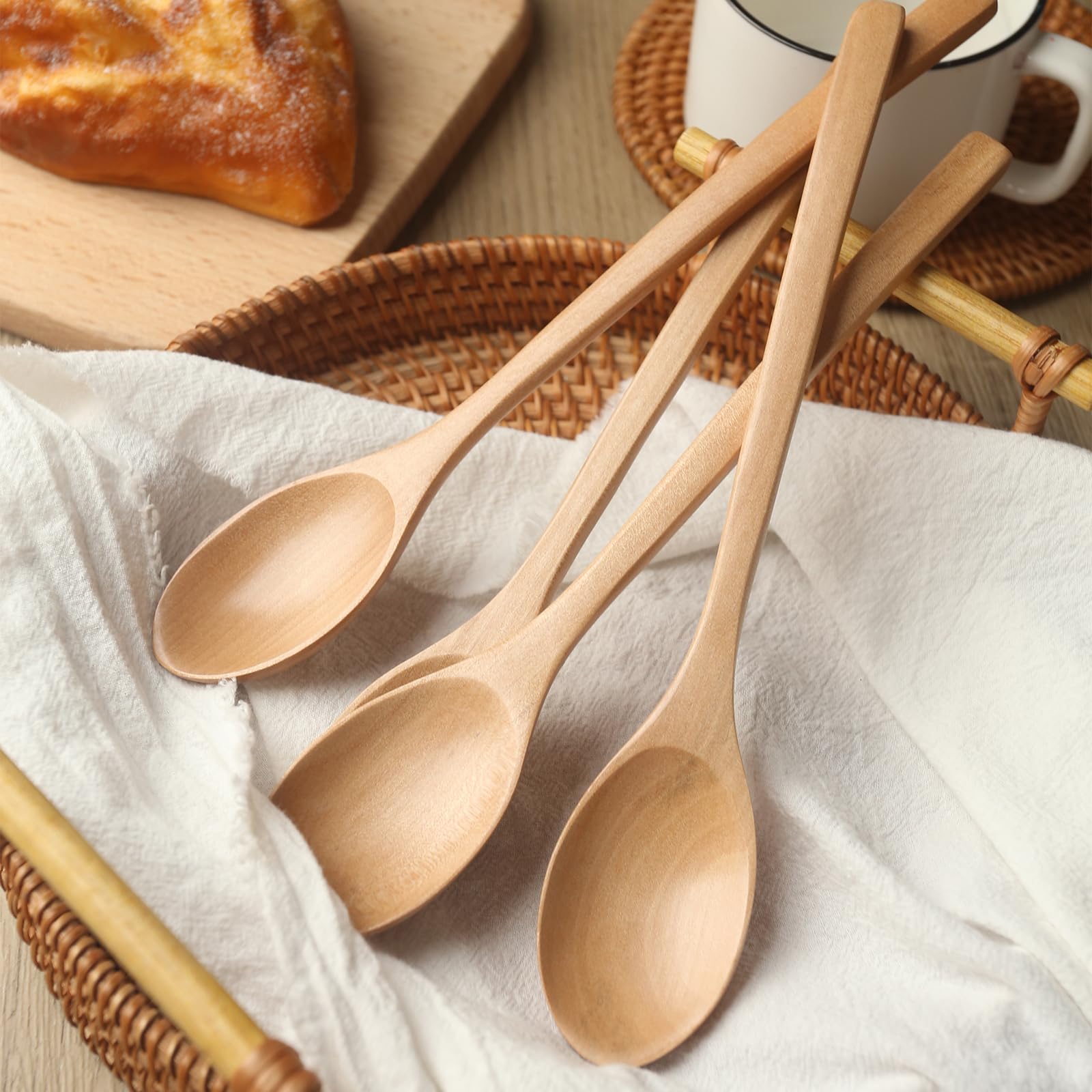 HAKSEN Wooden Spoons, 6PCS 9 Inch Wood Soup Spoons for Eating Mixing Stirring, Long Handle Spoon for Japanese Style Home Kitchen Cooking Stirring
