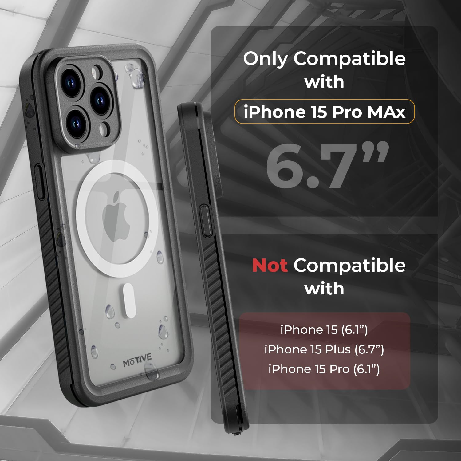 MOTIVE Waterproof Case for iPhone 15 Pro Max, Built-in Screen Protector, Compatible with MagSafe, Dustproof, Shockproof, Complete 360° Water Resistance case for iPhone 15 Pro Max 6.7" | Black