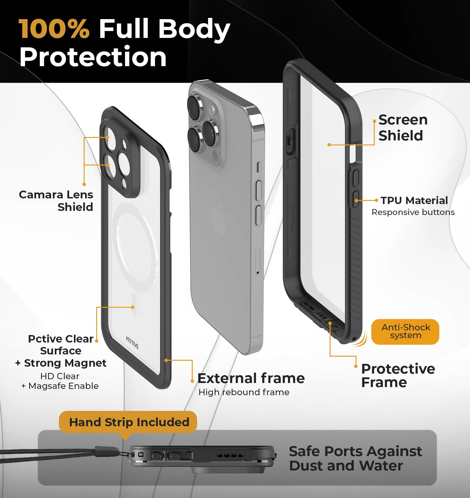 MOTIVE Waterproof Case for iPhone 15 Pro Max, Built-in Screen Protector, Compatible with MagSafe, Dustproof, Shockproof, Complete 360° Water Resistance case for iPhone 15 Pro Max 6.7" | Black