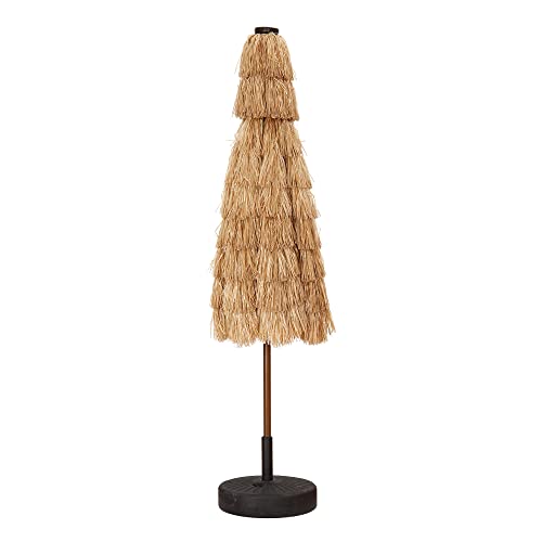 9ft 2Tier Outdoor Thatched Tiki Umbrella with Tilt Hand crank,32 built-in LED lights Hawaiian Style Beach Patio Umbrella (9FT(wood))