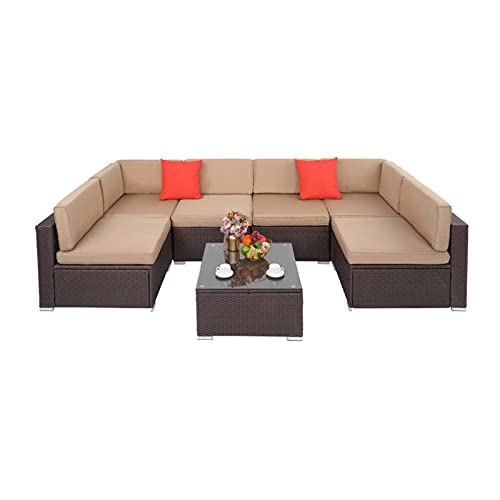 New Outdoor Courtyard Modular Furniture Set 7-Piece Rattan Sofa, Rattan Garden deep seat Dialogue Sofa with seat Cushion Tempered Glass Table