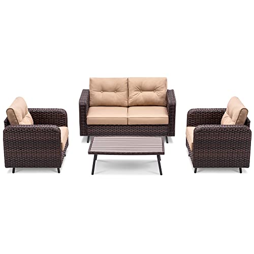 MCombo 4 Pieces Outdoor Patio Furniture Set, Brown Wicker Conversation Set, Outdoor Furniture Sofa Couch with Tempered Glass Table, for Lawn Balcony Gazebo, 9541
