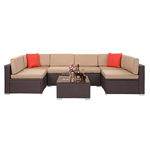 New Outdoor Courtyard Modular Furniture Set 7-Piece Rattan Sofa, Rattan Garden deep seat Dialogue Sofa with seat Cushion Tempered Glass Table