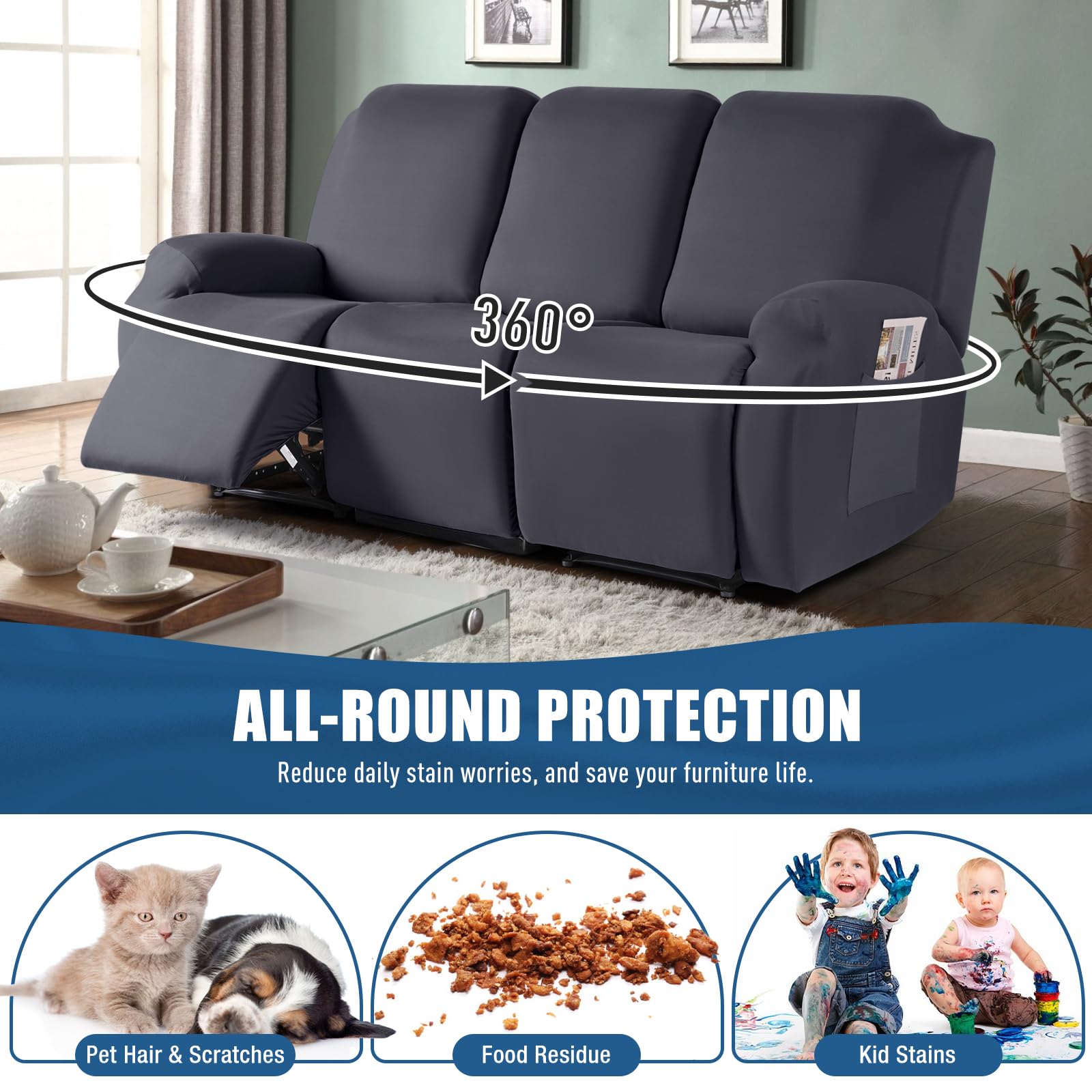 TAOCOCO Recliner Sofa Slipcover, 3 Pieces Polyester Fabric Stretch Sofa Covers for 3 Seat Reclining Couch, Soft Washable Furniture Protector with Pockets (3 Seat, Dark Gray)