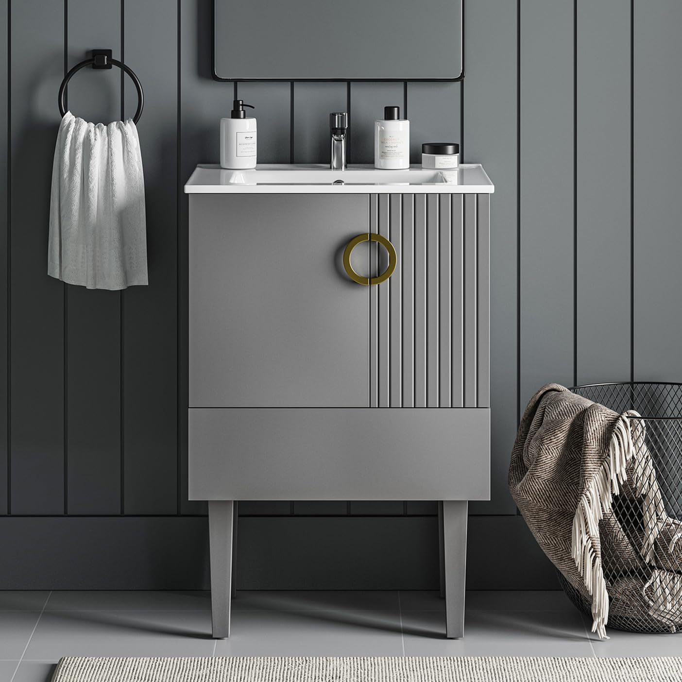 SSLine Free Standing 24-Inch Bathroom Vanity with Ceramic Sink Modern Small Bathroom Vanity with Top Basin and Storage Cabinet Floor Stand Wood Bath Vanity w/Gold Handles for Small Space(Grey)