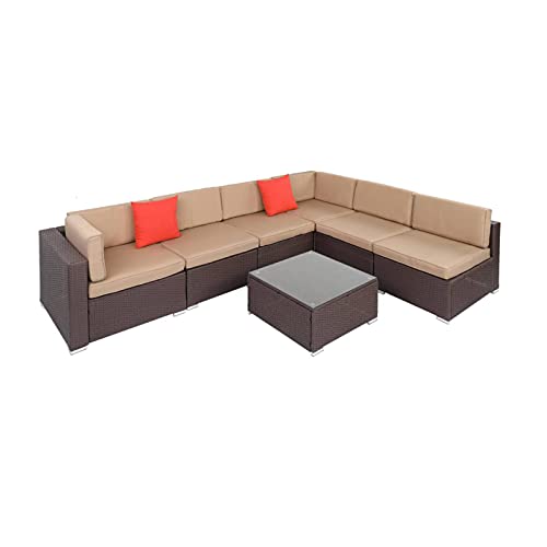 New Outdoor Courtyard Modular Furniture Set 7-Piece Rattan Sofa, Rattan Garden deep seat Dialogue Sofa with seat Cushion Tempered Glass Table