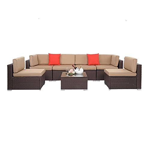 New Outdoor Courtyard Modular Furniture Set 7-Piece Rattan Sofa, Rattan Garden deep seat Dialogue Sofa with seat Cushion Tempered Glass Table