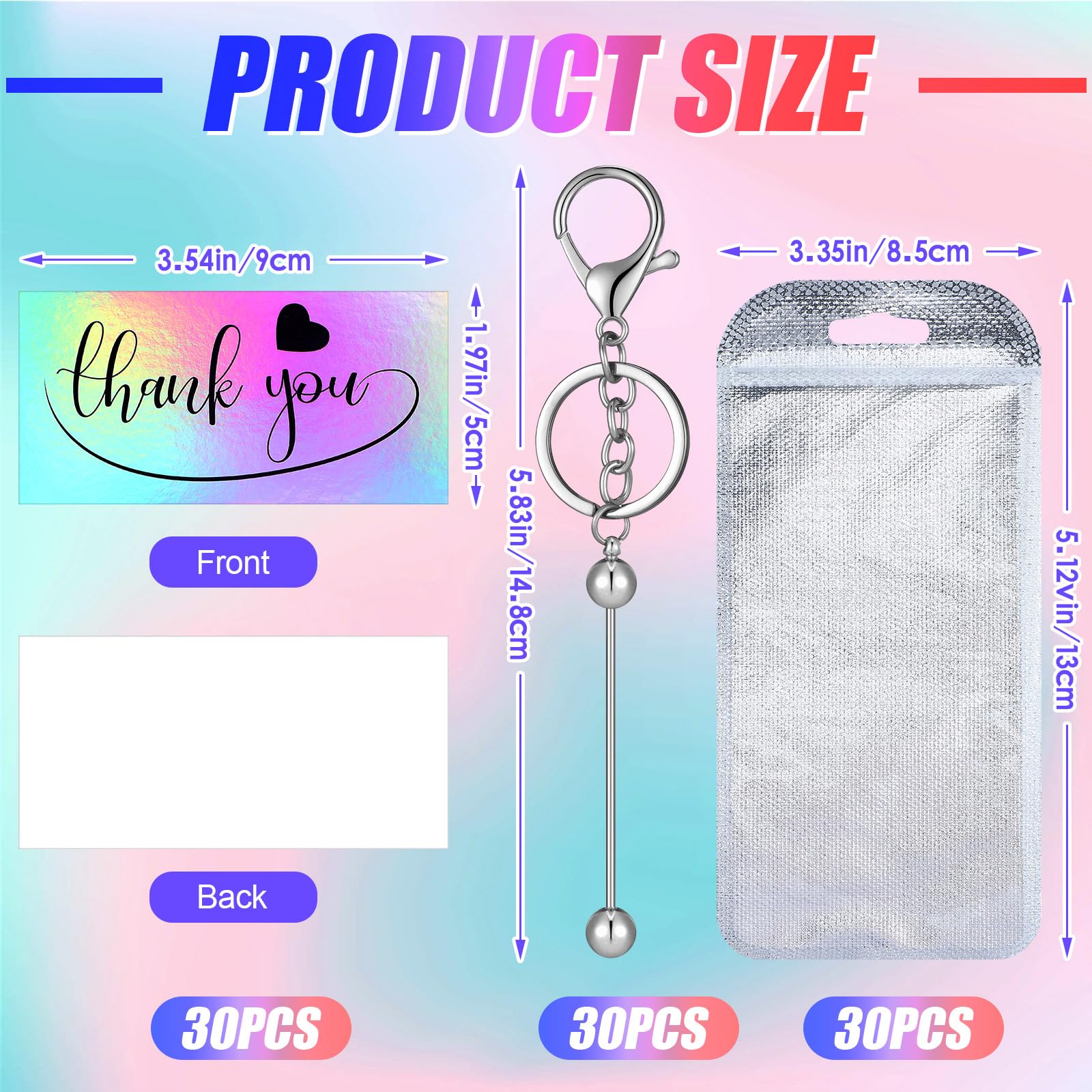 Sasylvia 30 Sets Beadable Keychain Kits Beaded Keychain Bars Resealable Pouch Bag Thank You Cards for DIY Crafts Jewelry Making