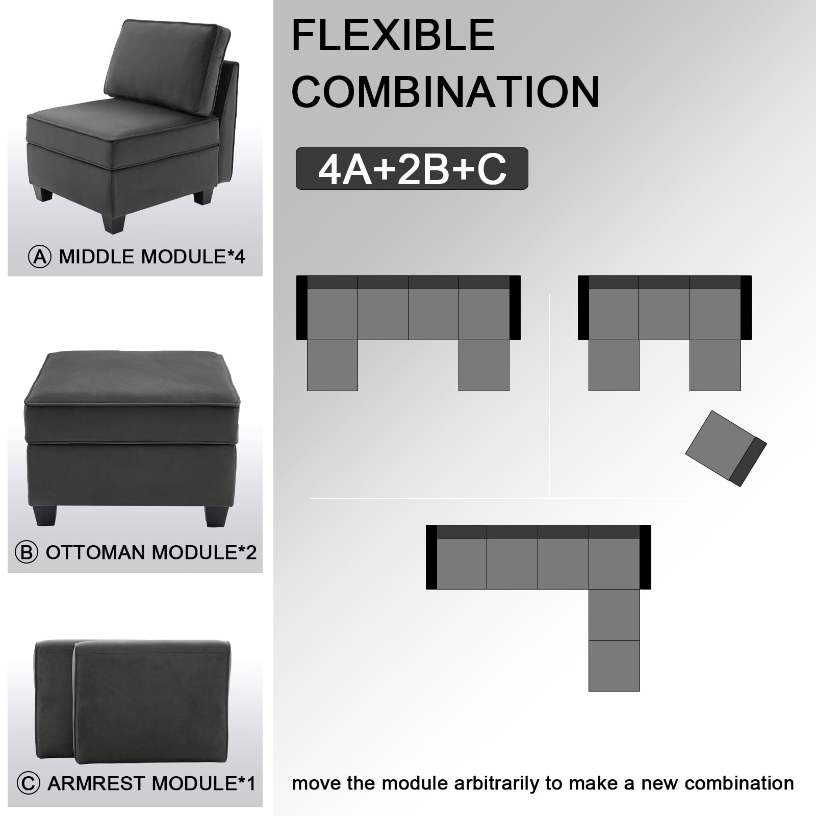 DANNRATCH Modular Sectional Sofa U Shaped Sectional Couch with Reversible Chaise, Sleeper Velvet Modular Couch with Storage Seat for Living Room Furniture Sets Grey