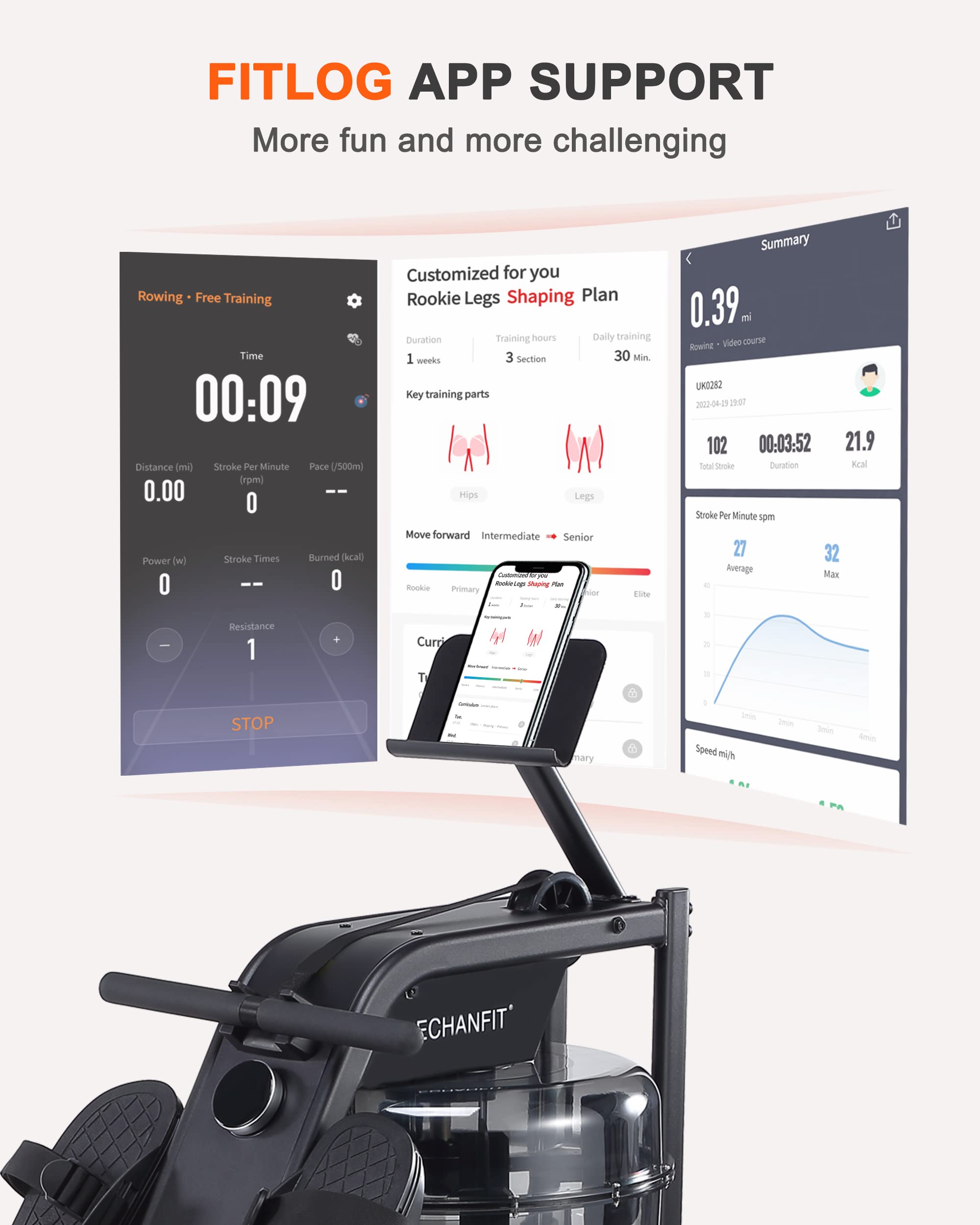 ECHANFIT Water Rowing Machine - Magnetic Rower with Monitor, Device Holder, Adjustable 16 Level Water Resistance, Easy Storage Rowing Machines for Home use